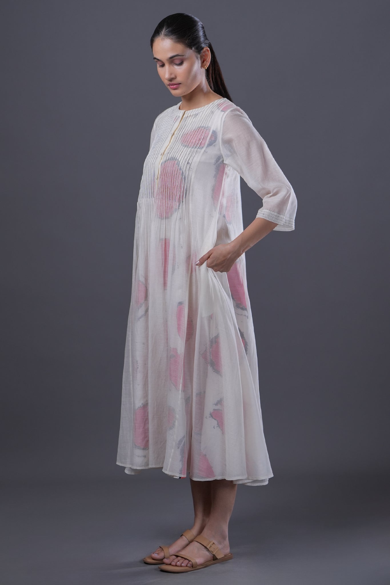 White Pintucked Chanderi Dress with Red Circular Printed Slip – Tulsi Online
