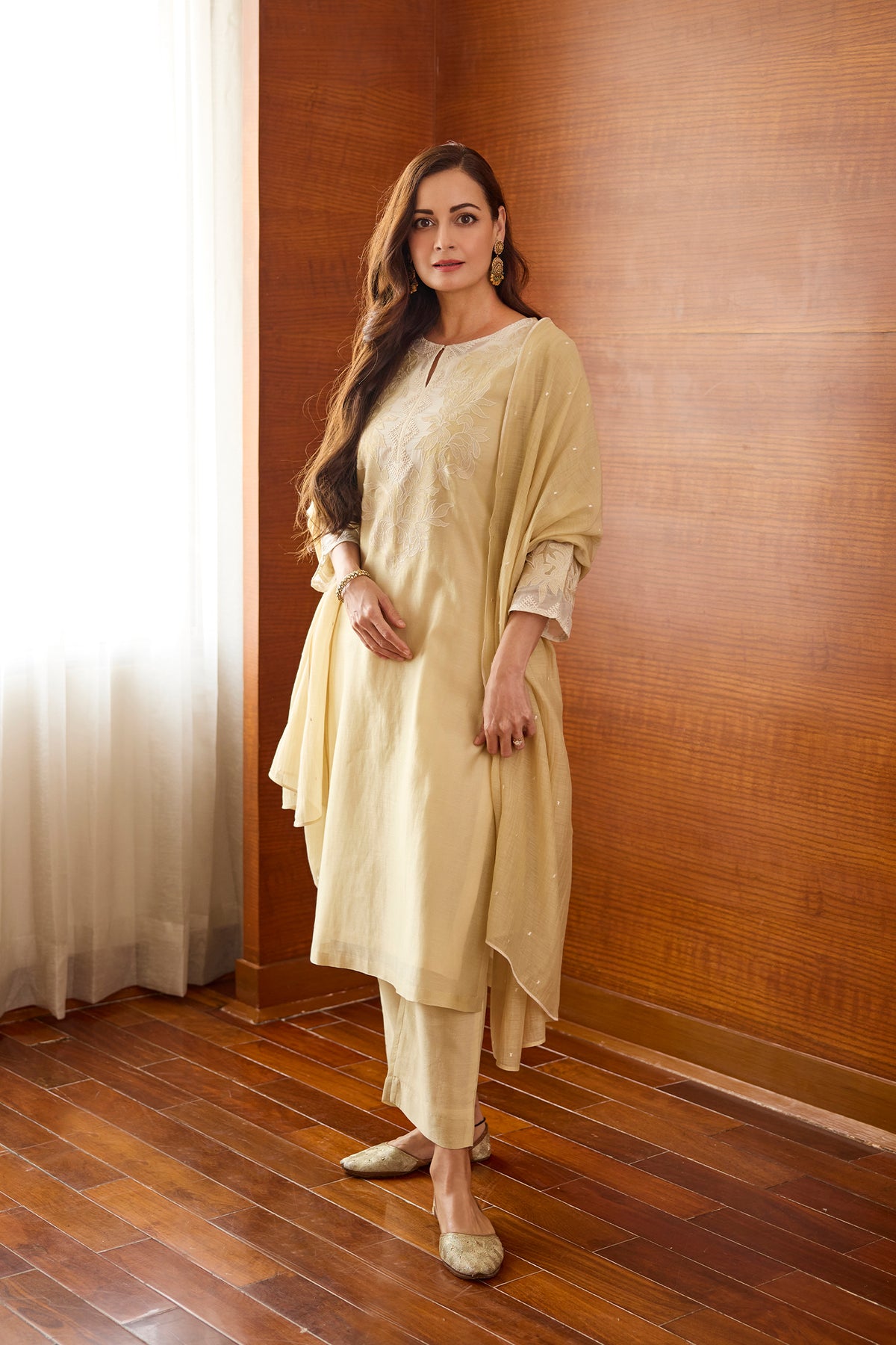 Dia Mirza in Beige Patchwork & Embroidered Chanderi Suit Set – Tulsi Online