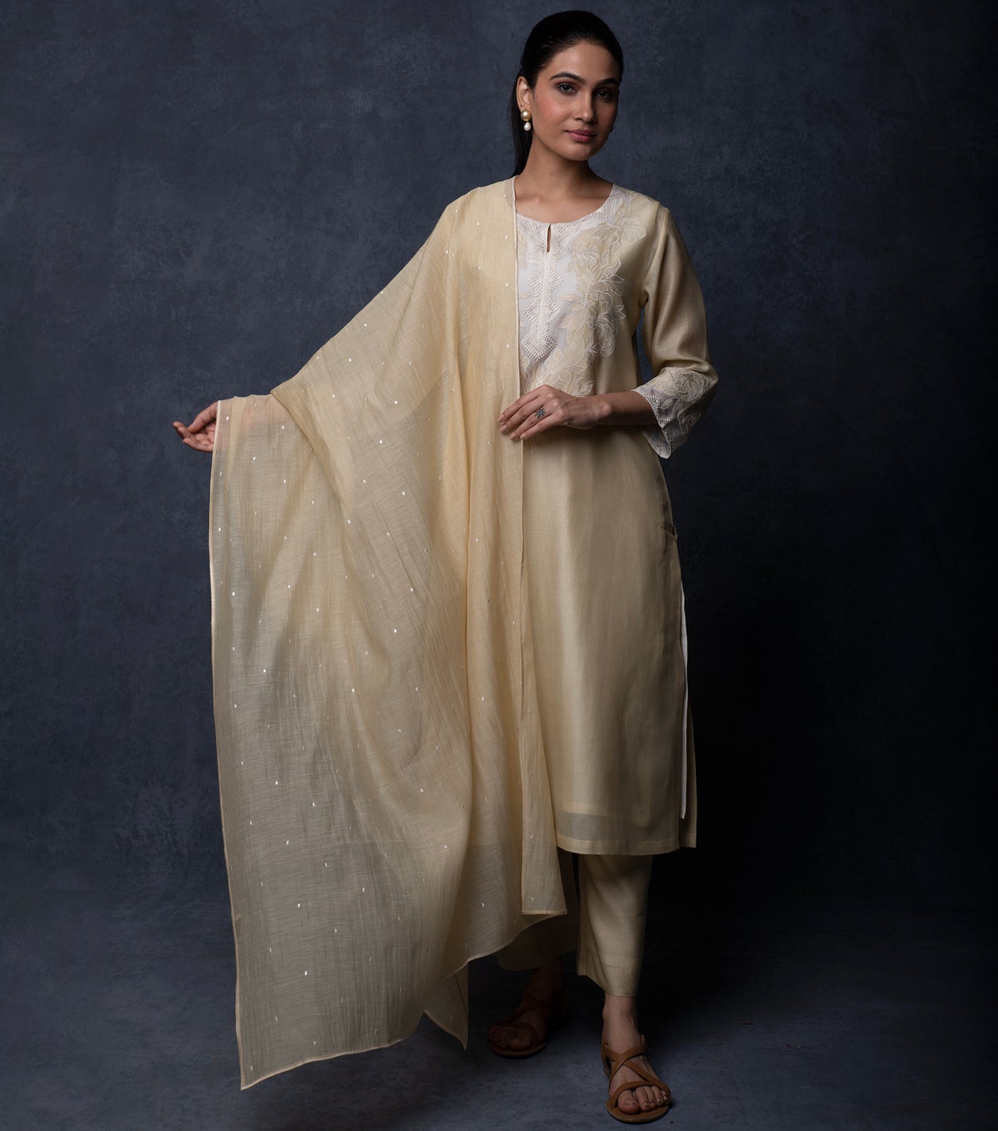 Dia Mirza in Beige Patchwork & Embroidered Chanderi Suit Set – Tulsi Online
