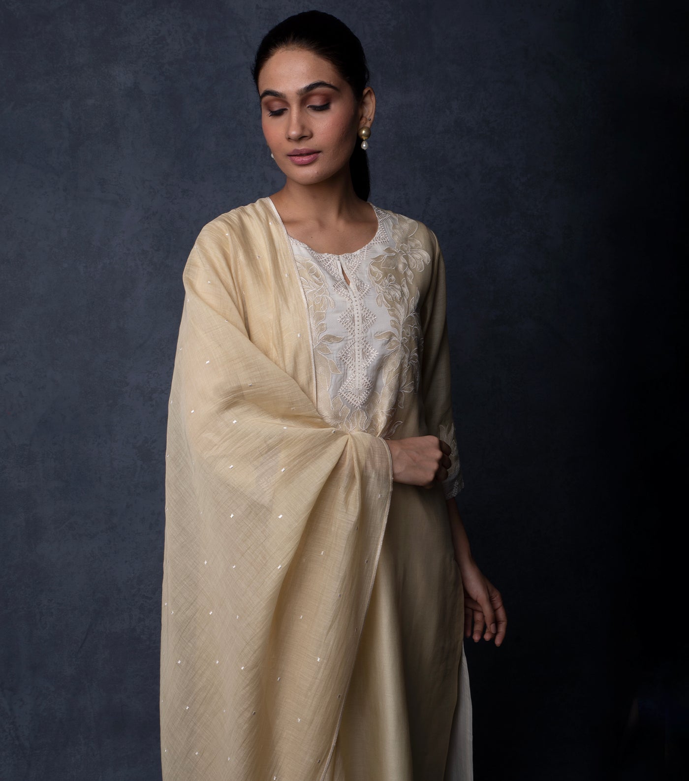 Dia Mirza in Beige Patchwork & Embroidered Chanderi Suit Set – Tulsi Online