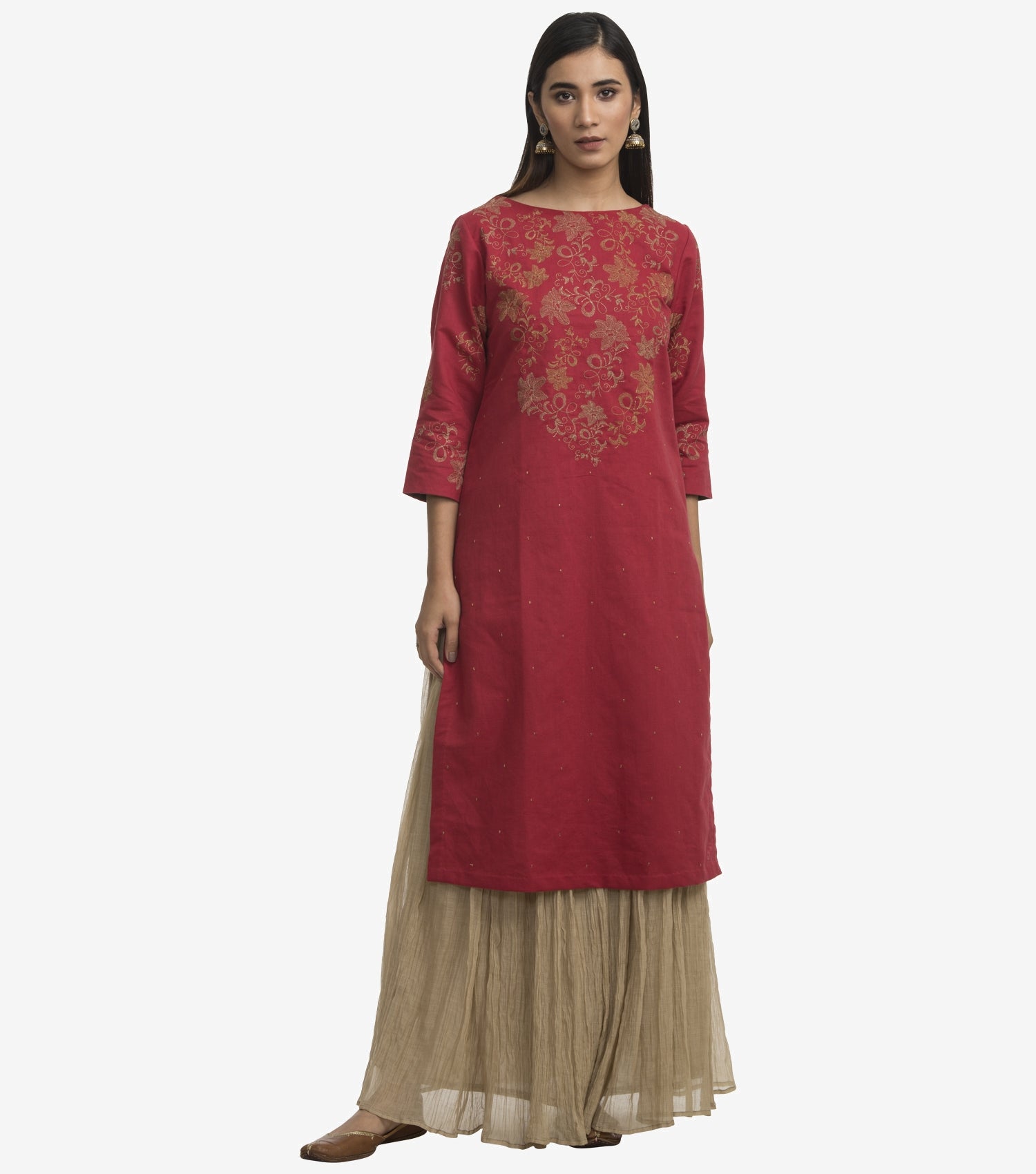 Red embroidered cotton linen kurta – Tulsi Online