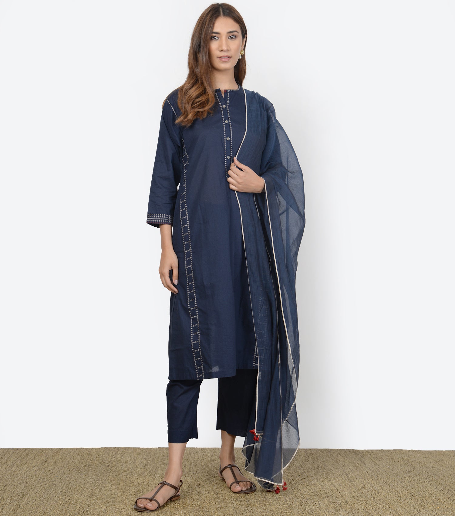 Navy Blue Embroidered Cotton Suit Set – Tulsi Online