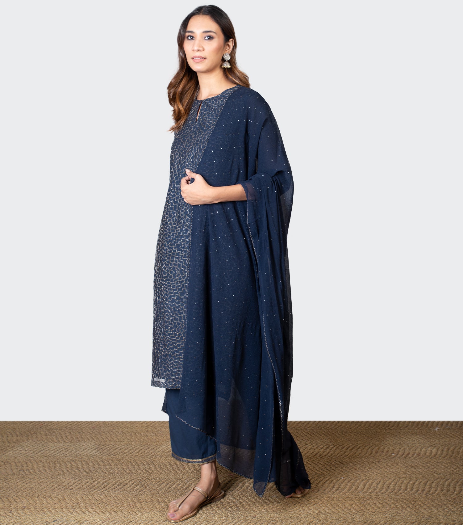 Navy Blue Zari Embroidered Chanderi Kurta with Cotton Pants and Chiffo ...
