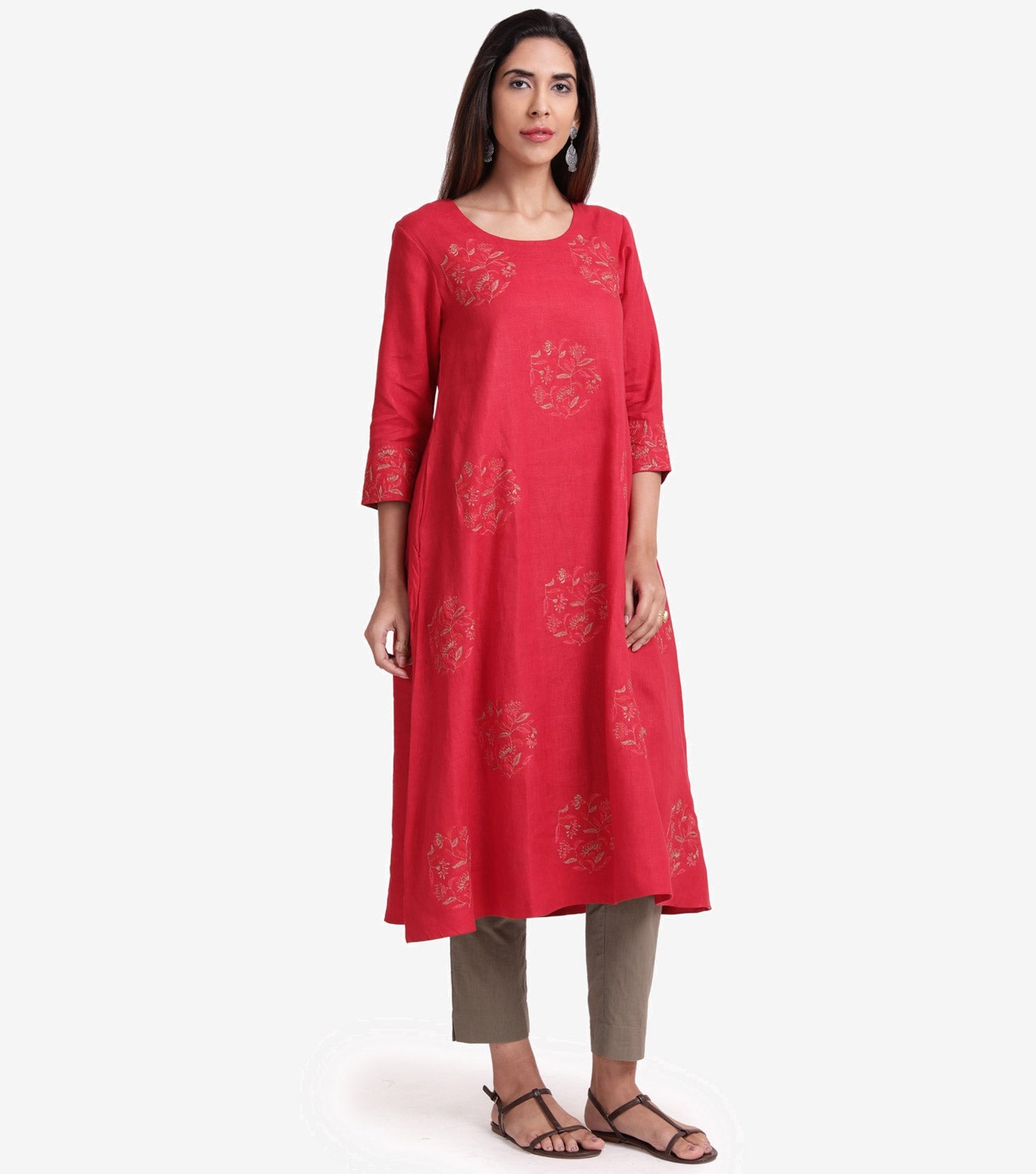 Red linen embroidered kurta – Tulsi Online